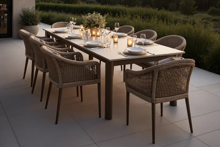 220cm Bordeaux Rectangular Dining Table with 8 Dining Armchairs | Bridgman